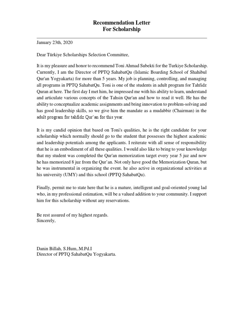 Letter of Recommendation For Scholarship | PDF