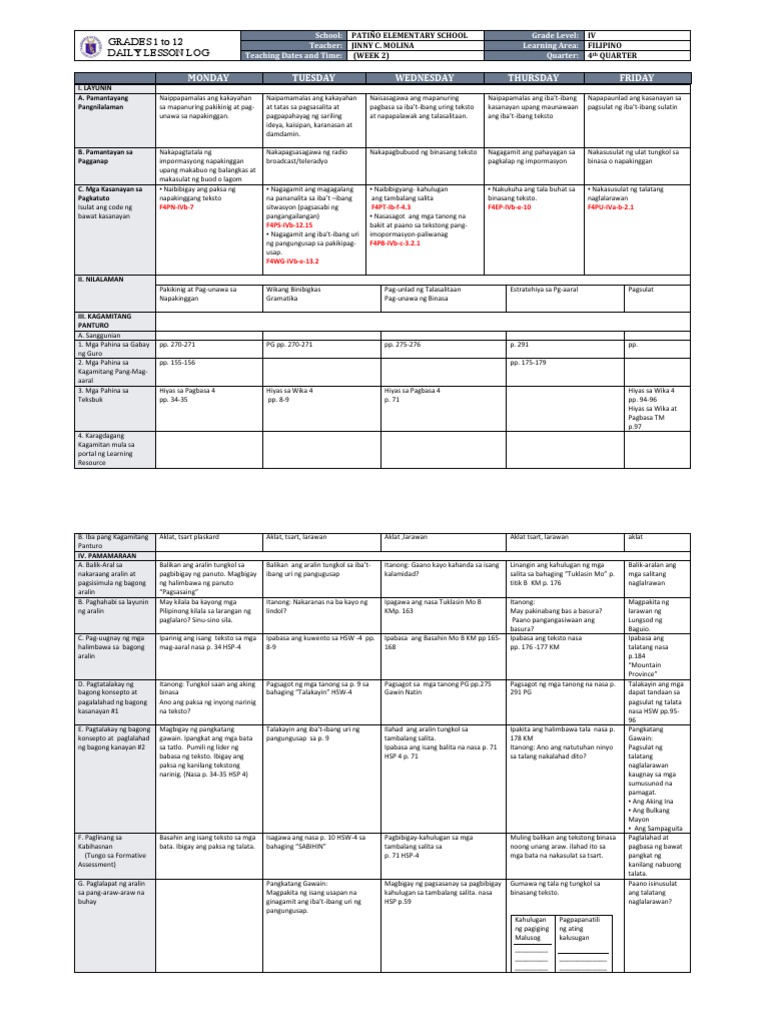 DLL - Filipino 4 - Q4 - W2 | PDF