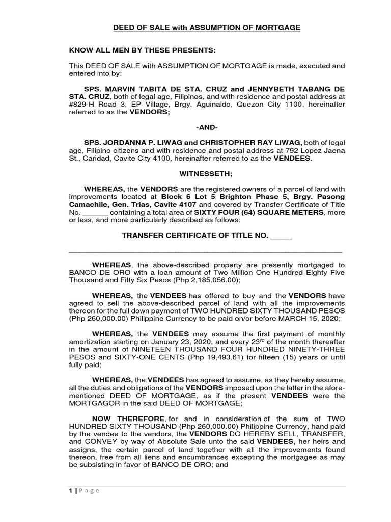 Deed of Sale With Assumption of Mortgage - de Sta. Cruz | PDF ...