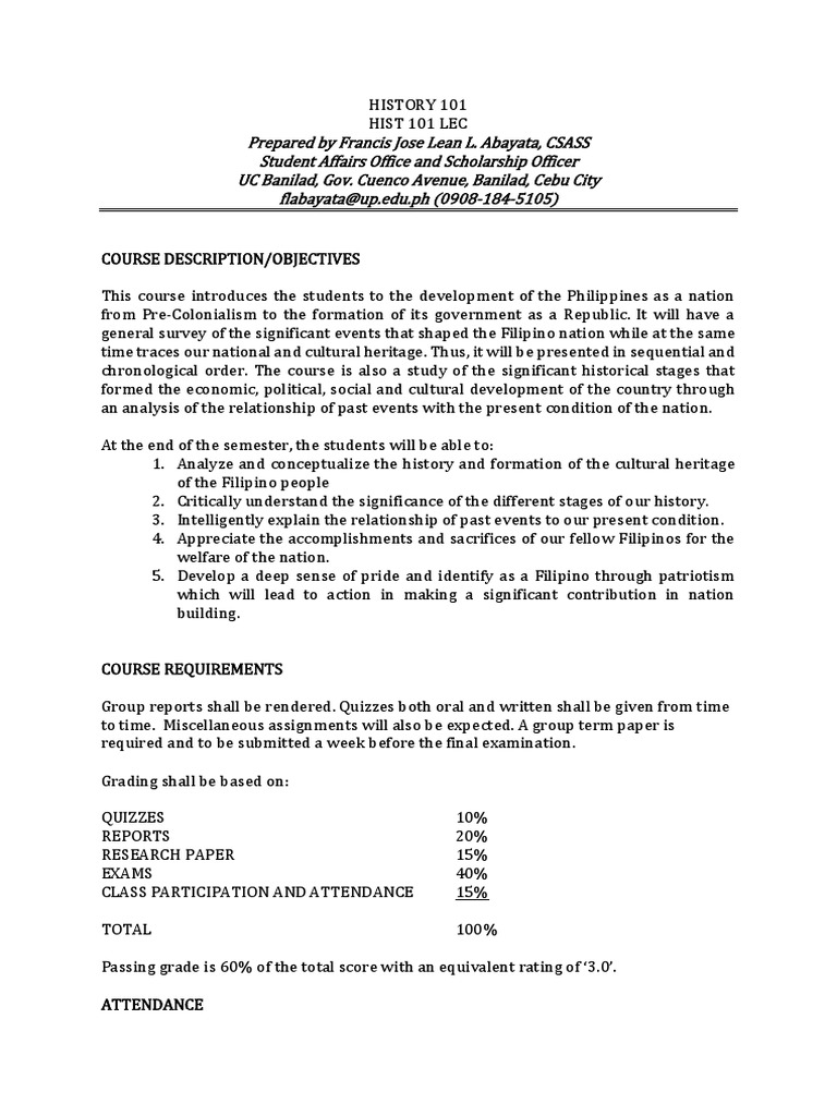 Philippine History 101 Syllabus | PDF | Philippines