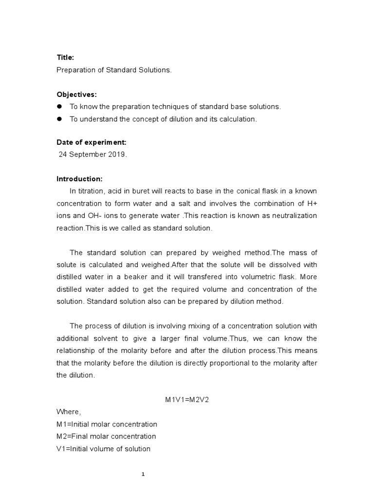 Lab Report Preparation of Standard Solution | PDF | Molar Concentration | Titration