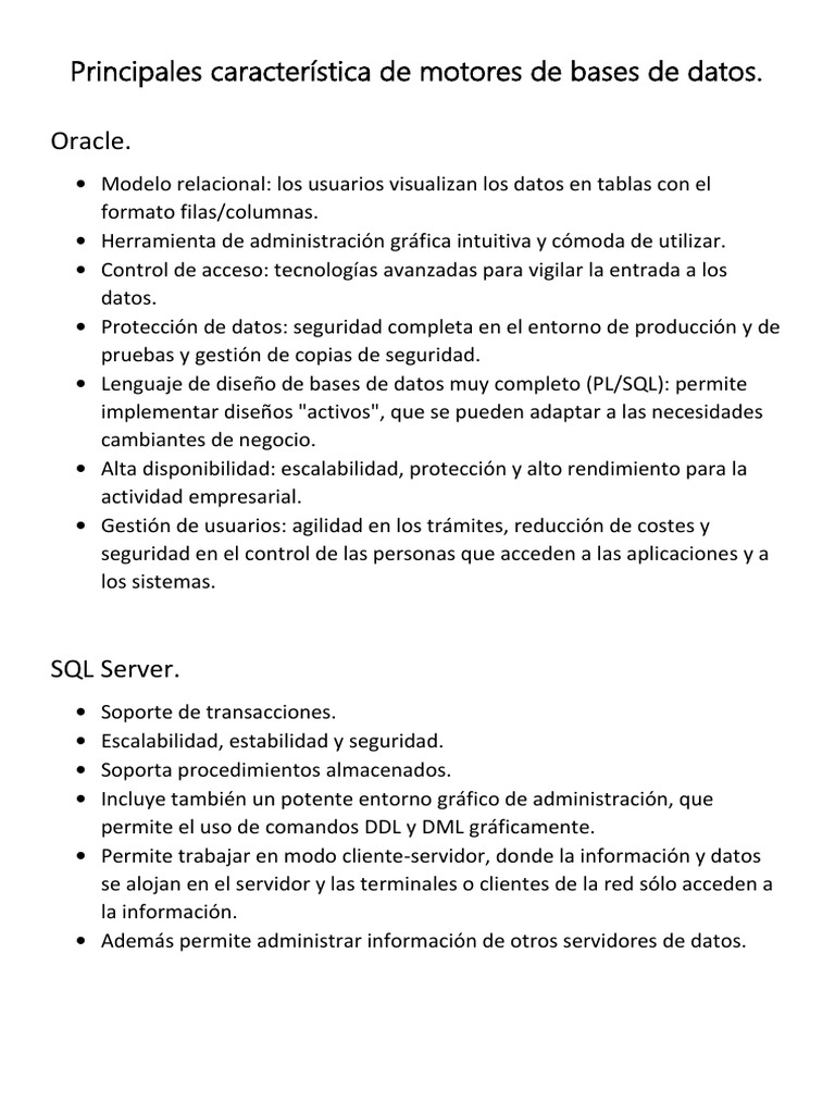 Principales Característica de Motores de Bases de Datos | PDF | Postgre ...