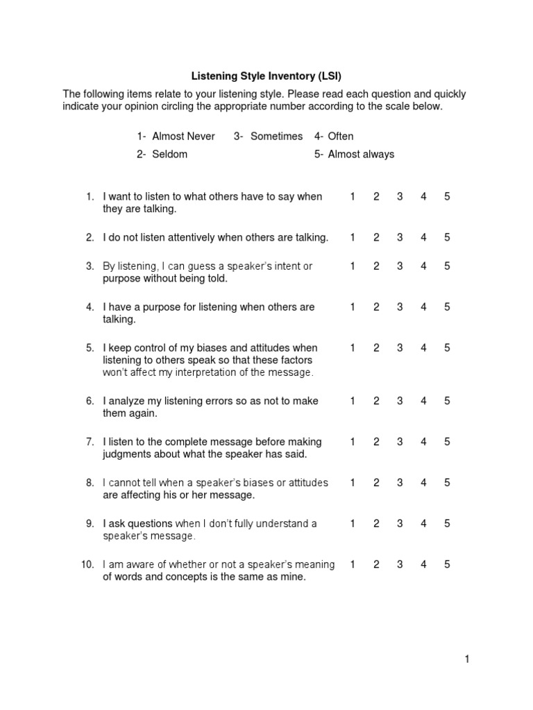 Listening Style Inventory | PDF | Nonverbal Communication | Mental ...