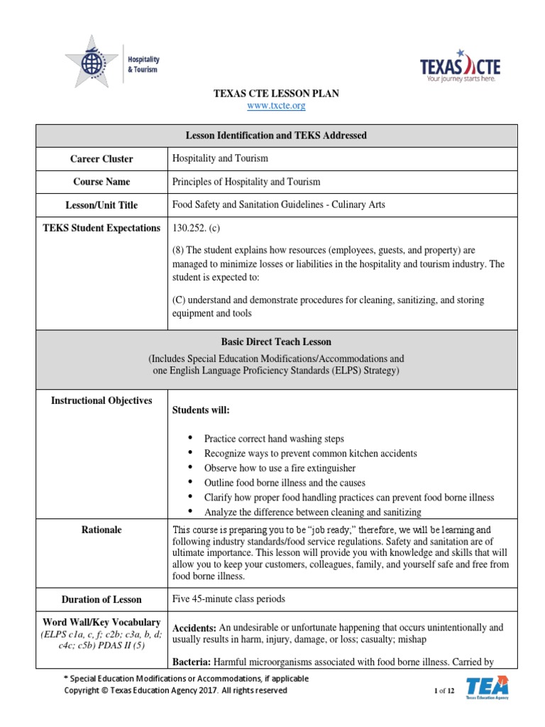 Lesson Plan - Food Safety and Sanitation Guidelines - Culinary Arts - 0 ...