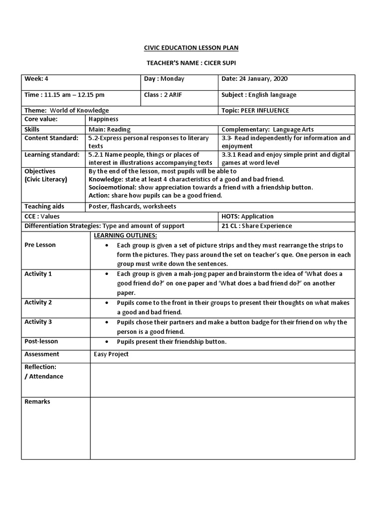 Civic Education: Peer Influence Lesson Plan | PDF | Lesson Plan | Teaching