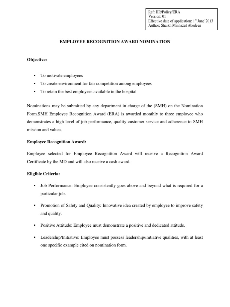 Employee Recognition Award Nomination | Download Free PDF | Employment ...