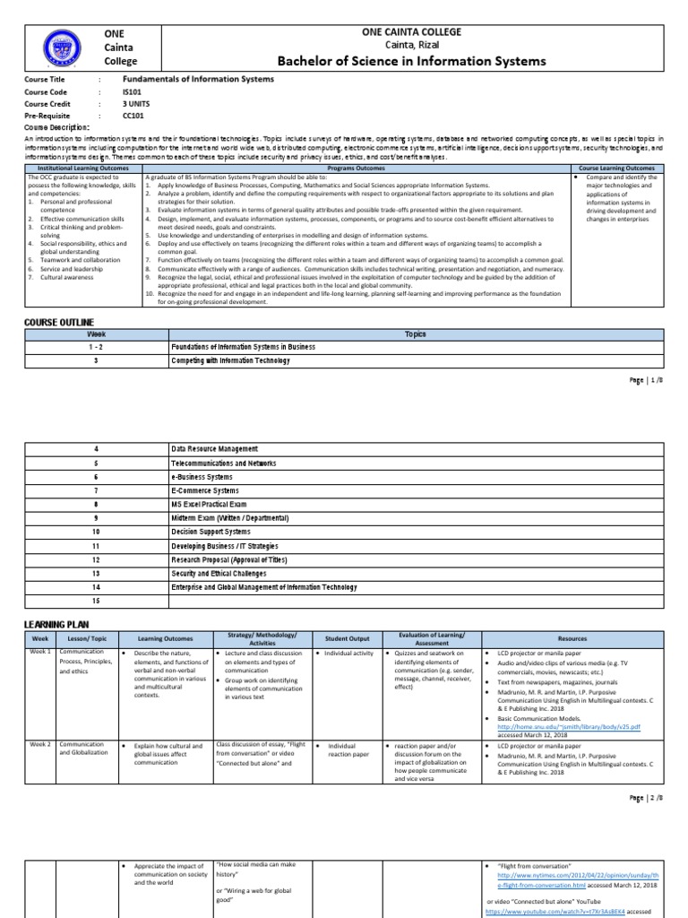 BS Information Systems Course Syllabus | PDF | Computers