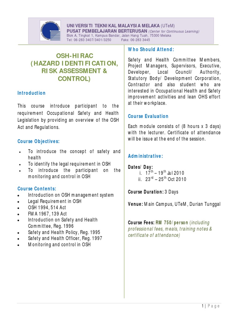 OSH-HIRAC Training Course Overview | PDF | Occupational Safety And ...