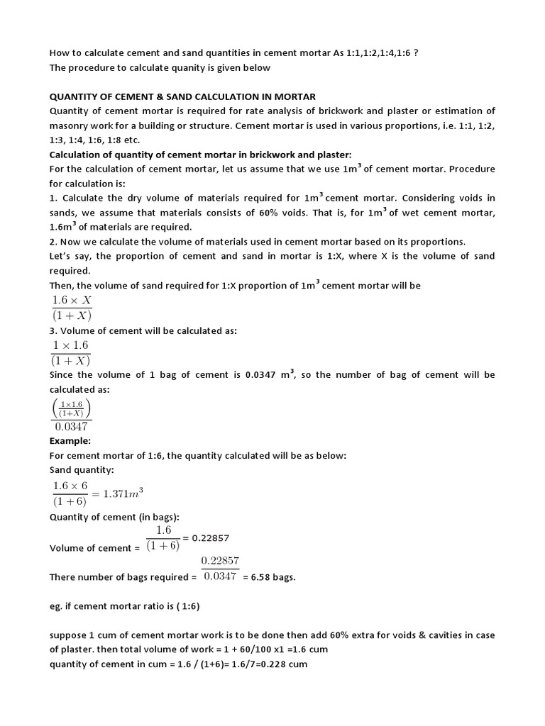 Quantity of Cement and Sand Calculation Mortar | PDF