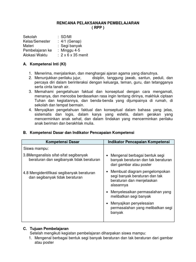 RPP Kelas 4: Mengenal Segi Banyak | PDF | Karier & Perkembangan | Sains ...