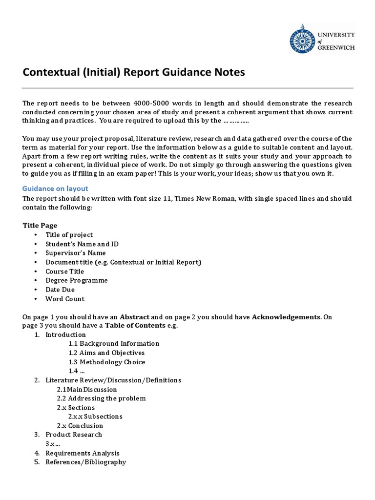 Week 10 Project Contextual Report Guidance Notes | PDF