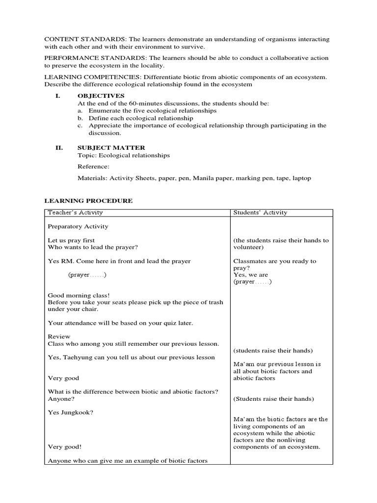 Ecological Relationships Lesson Plan | PDF