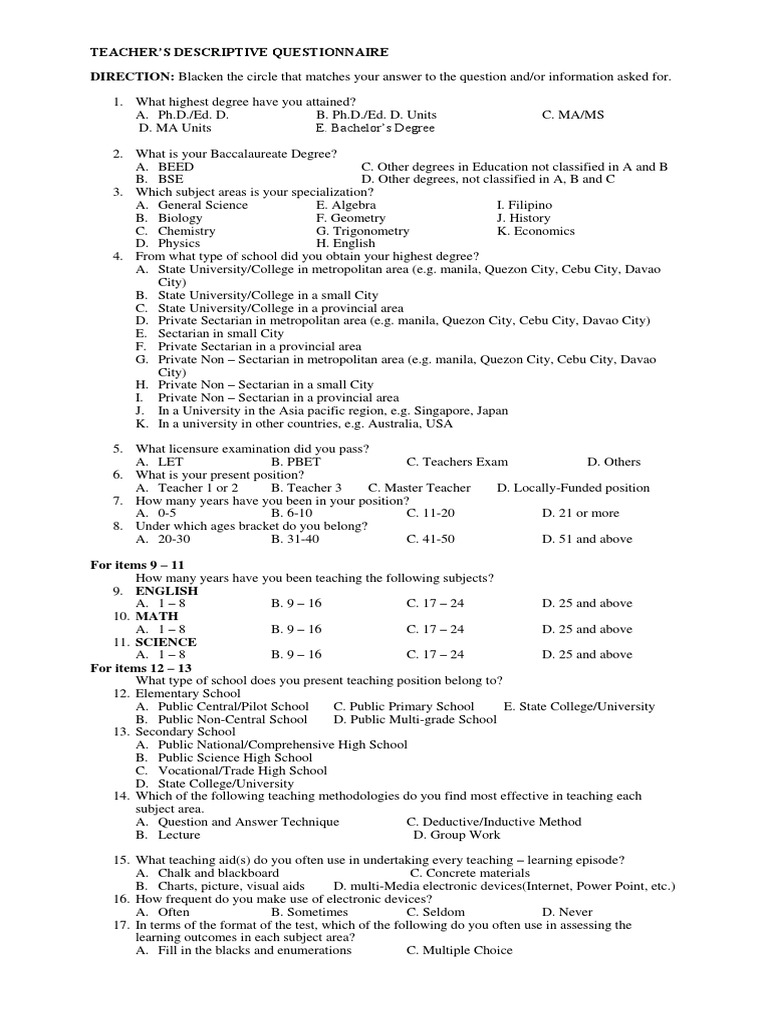 Teachers Descriptive Questionnaire PDF | PDF | Academic Degree ...