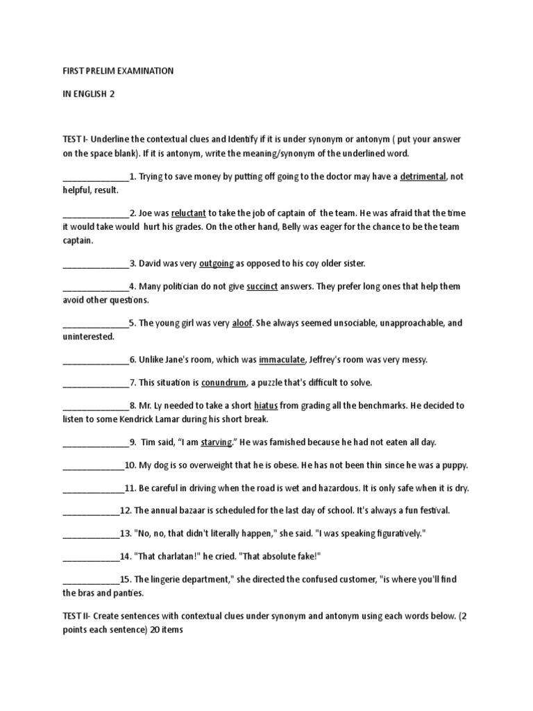 English 2 Exam: Contextual Clues Test | PDF