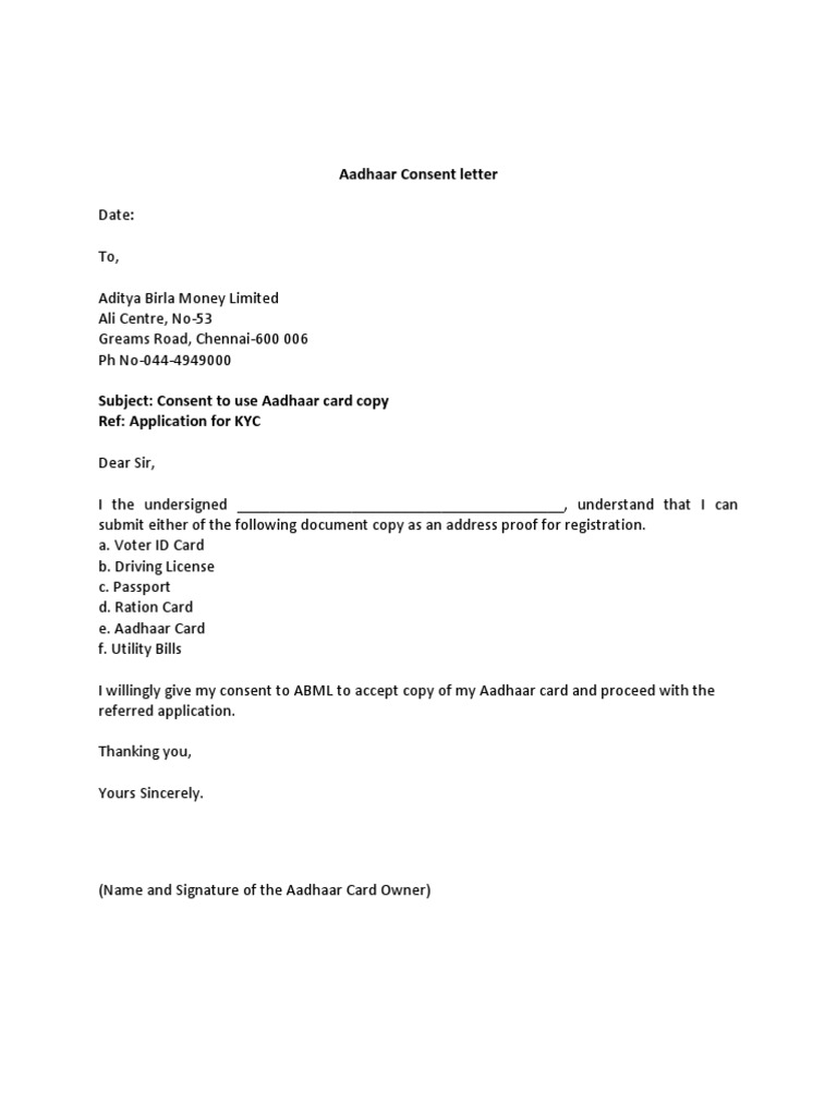 Aadhaar Consent Letter For Client PDF | PDF
