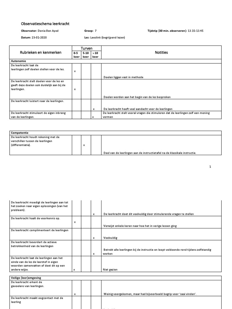 Observatieformulier Leerkracht - 23-01-2020 Donia Ben Ayed Leeslink | PDF