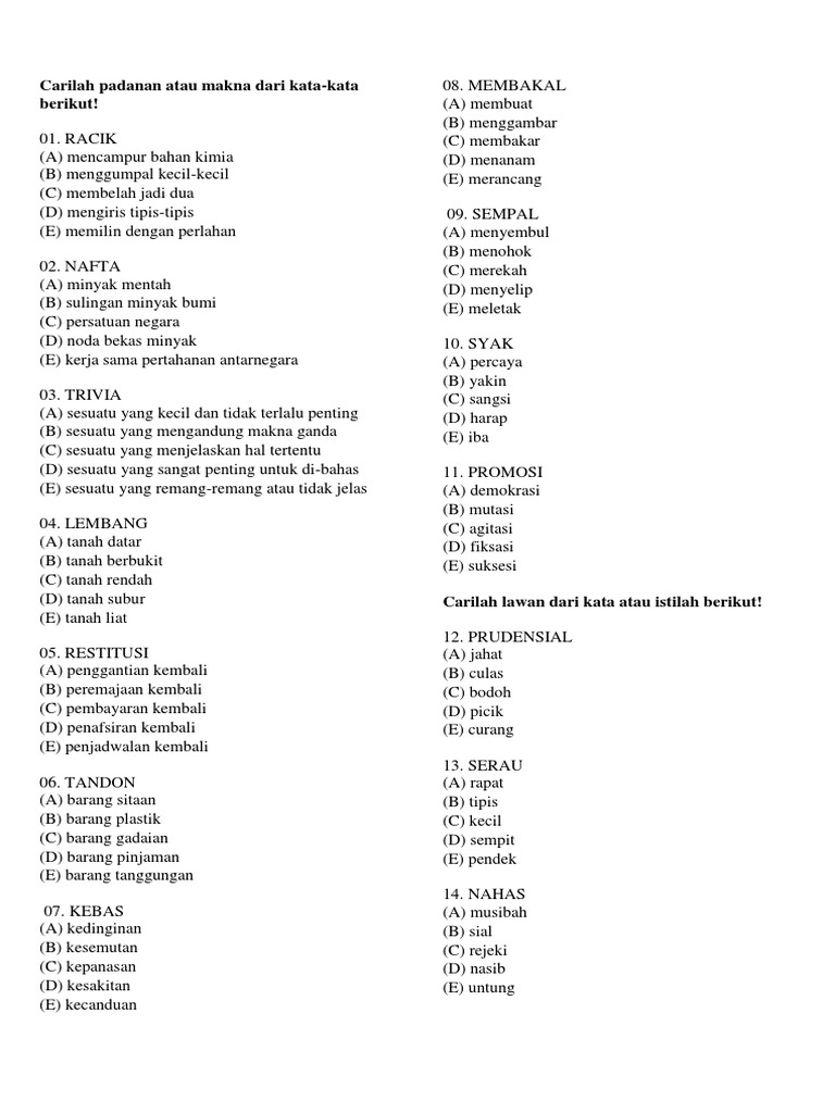 Contoh Soal-Soal Padanan Kata | PDF | Metode & Bahan Ajar