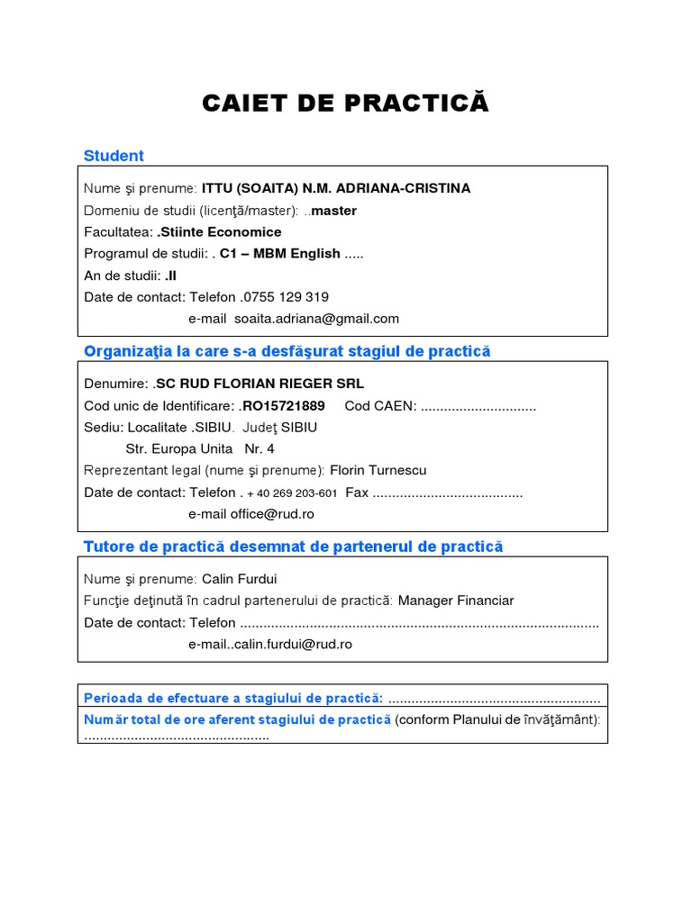 Caiet de Practica+fisa de Prezenta | PDF