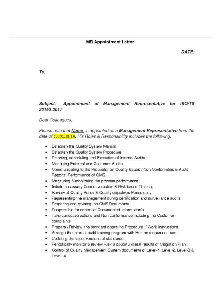 MR Appointment Letter | PDF