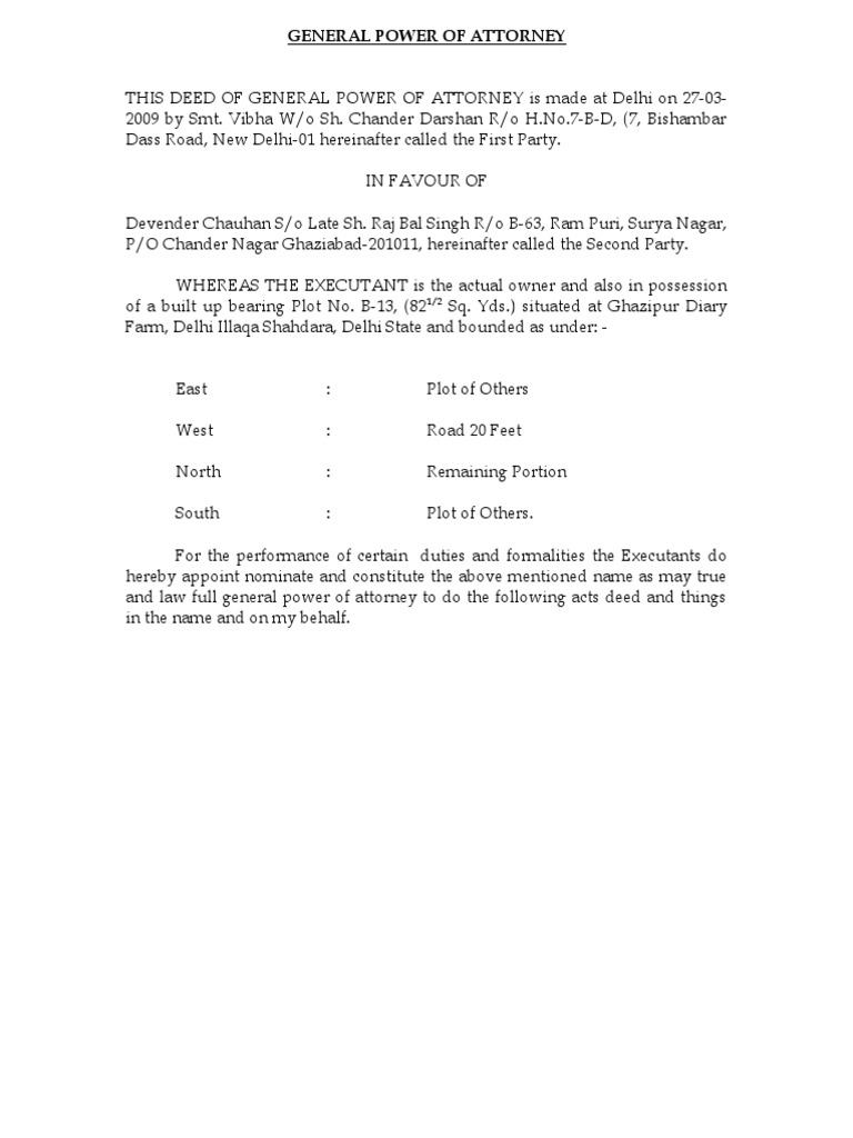 GENERAL POWER OF ATTORNEY Devender Chauhan | PDF