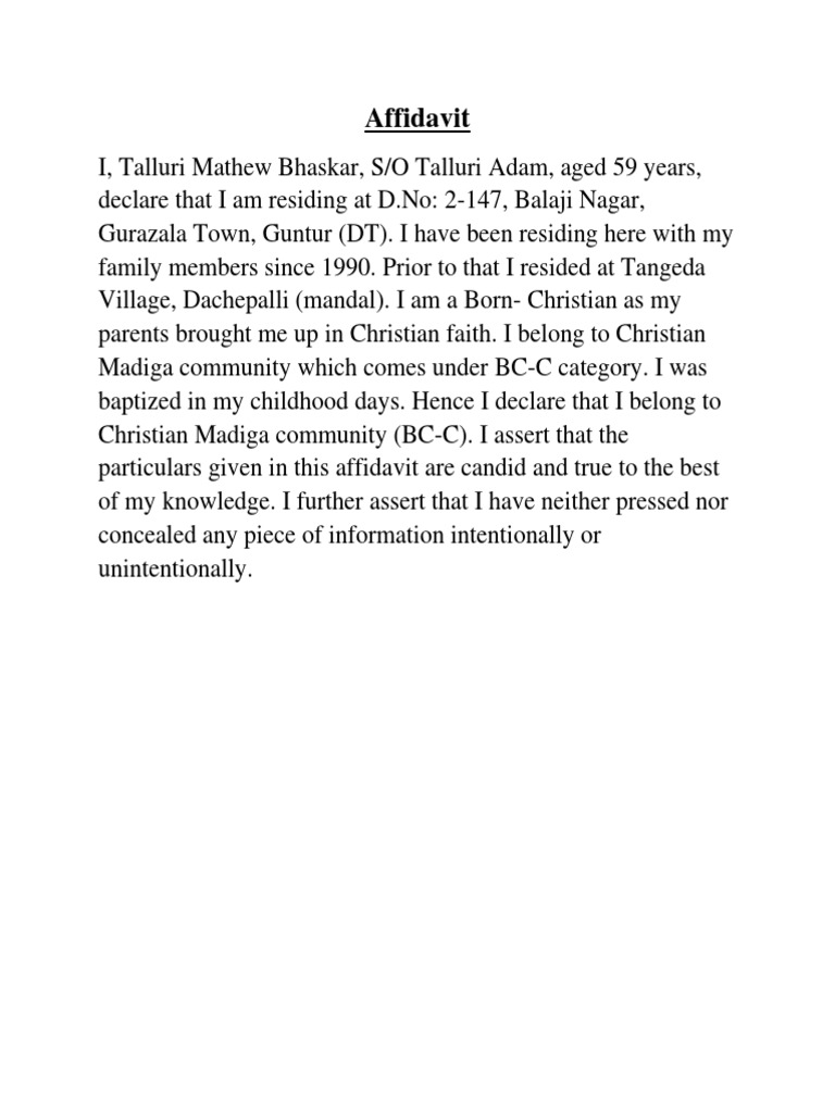 Affidavit For BC-C Caste Certificate | PDF