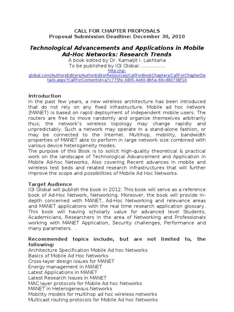 Call For Chapter Manet Book | PDF | Wireless Ad Hoc Network | Computer ...