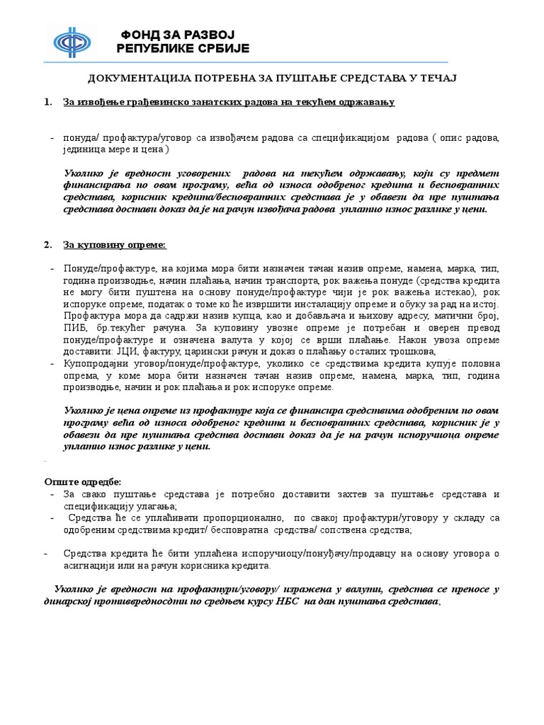 Dokumentacija Za Pustanje Kredita Start Up | PDF