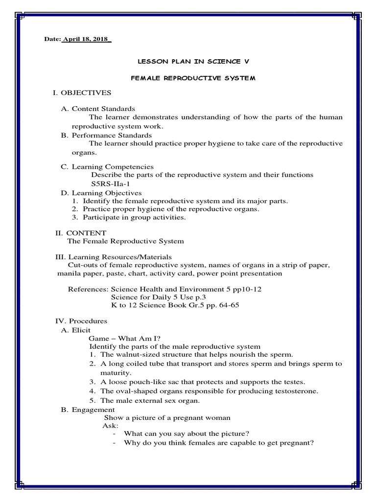 Lesson Plan Reproductive System | PDF