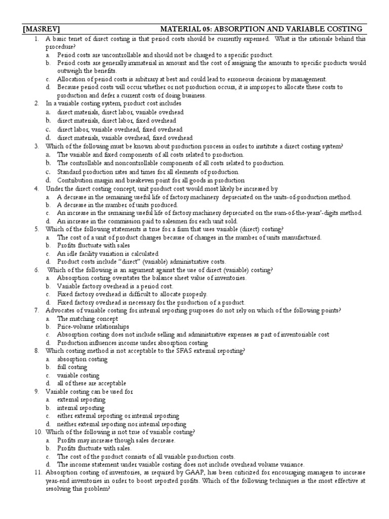 HO5 - Absorption and Variable Costing PDF | PDF