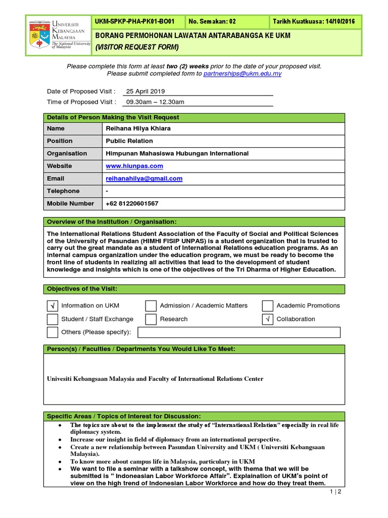 UKM-SPKP-PHA-PK01-BO01 - Visit Request Form PDF | PDF