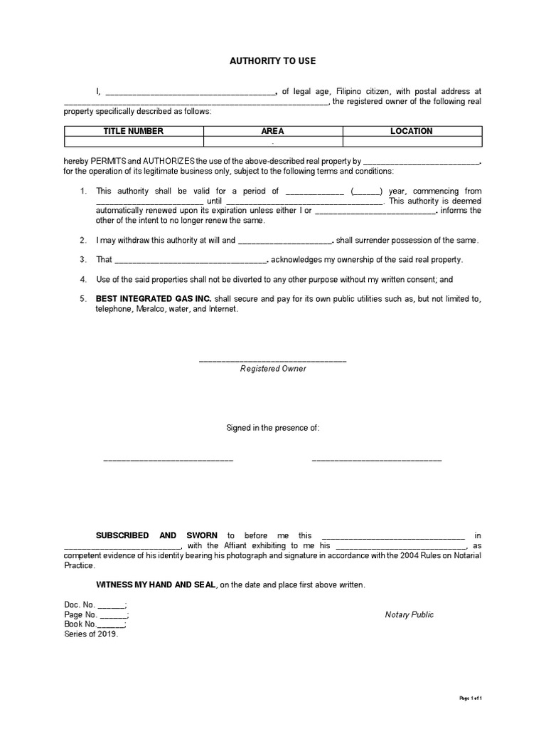 Authority To Use Property | PDF