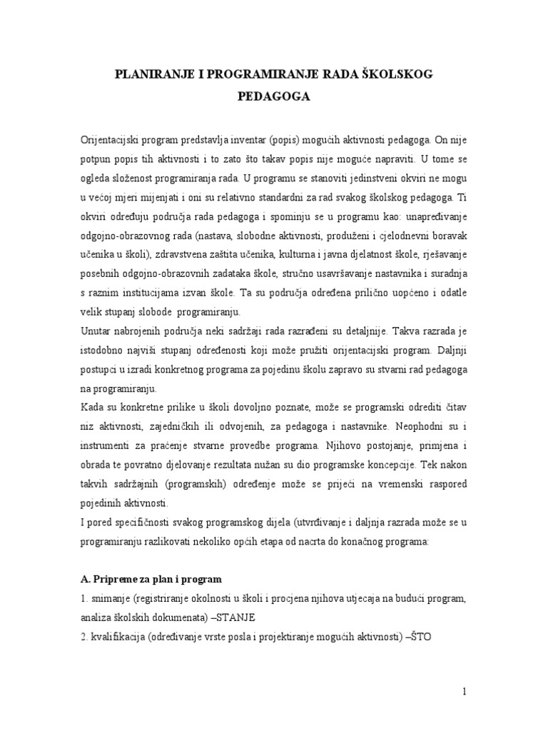 Planiranje Rada Skolskog Pedagoga