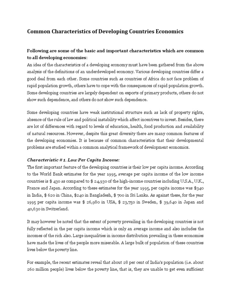 Common Characteristics of Developing Countries Economics | PDF