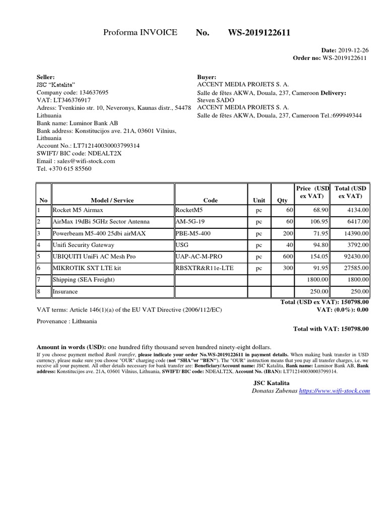 Accent Media Projets S A - Ws 2019122611 - Proforma - Invoice | PDF