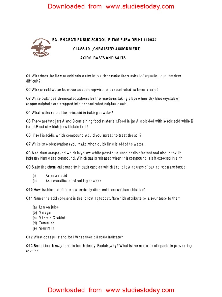 CBSE Class 10 Chemistry Worksheet - Acids, Bases and Salts | PDF