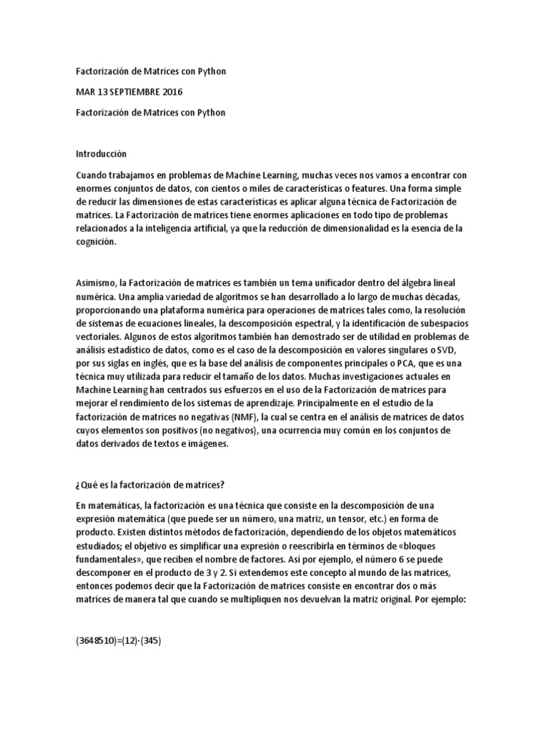 Factorización de Matrices en Python | PDF | Métodos y materiales de enseñanza | Informática