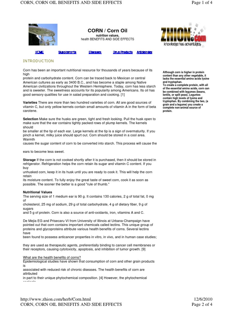 CORN / Corn Oil: Health Benefits and Side Effects | PDF | Cholesterol ...