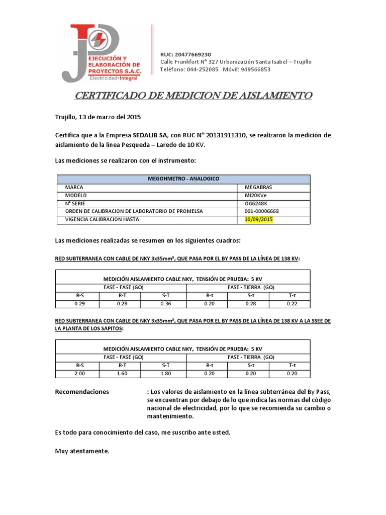 Modelo Certificado de Megado de Cable Se | PDF