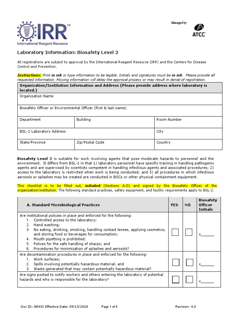 BSL 2 Checklist 090415 | PDF
