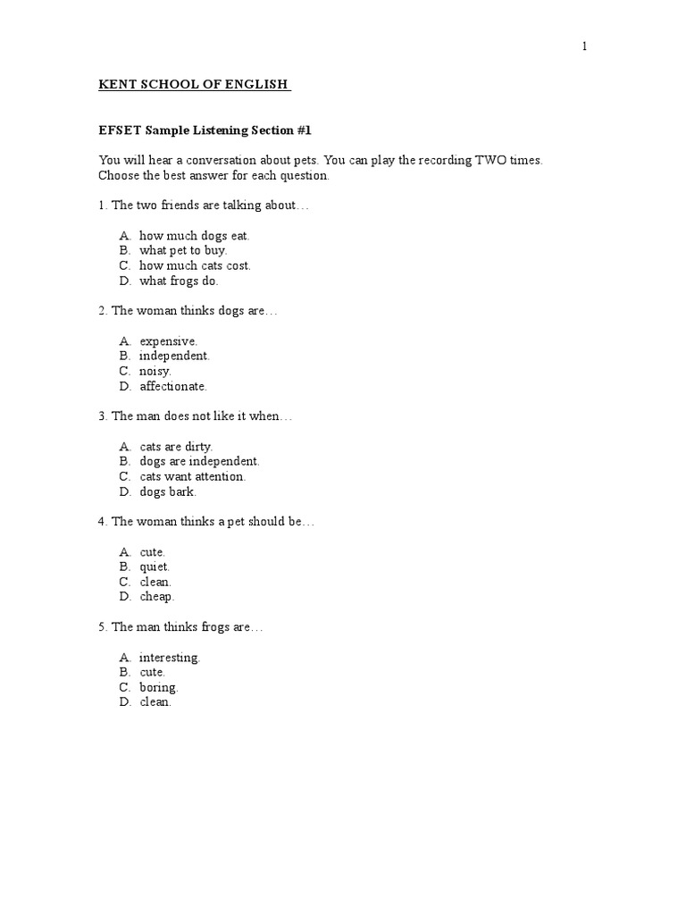 EFSET Sample Listening Section #1: Choosing a Pet | PDF
