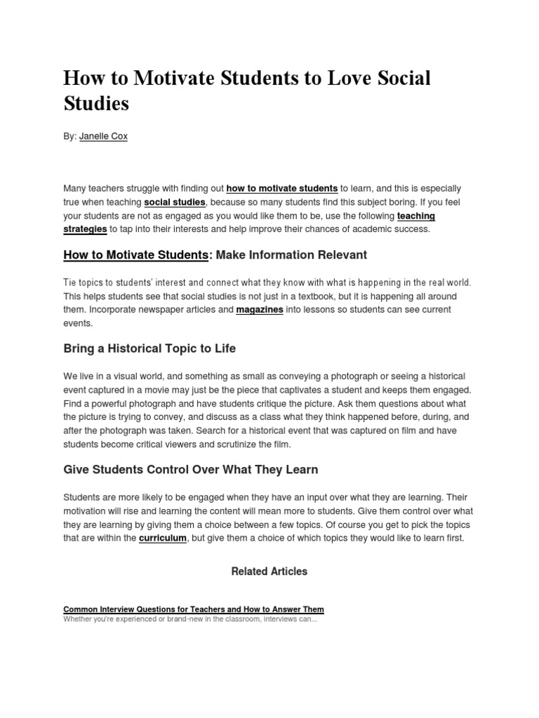 How To Motivate Students To Love Social Studies | PDF