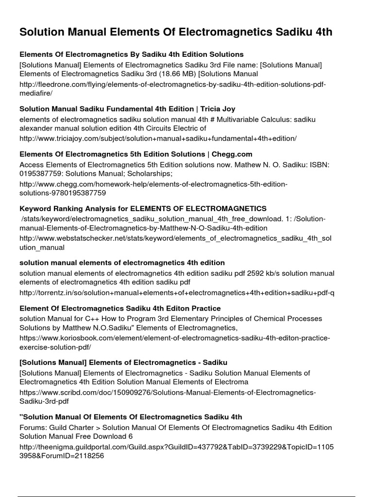PDF Solution Manual Elements of Electromagnetics Sadiku 4th | PDF ...