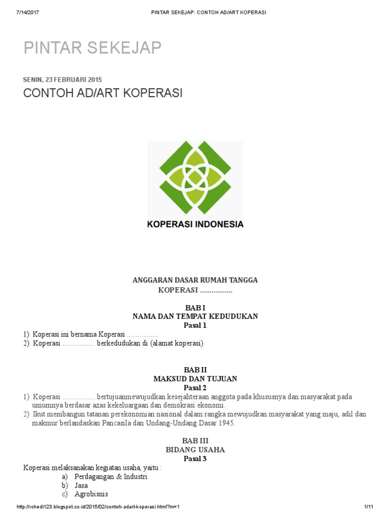 Contoh Ad Art Koperasi PDF | PDF