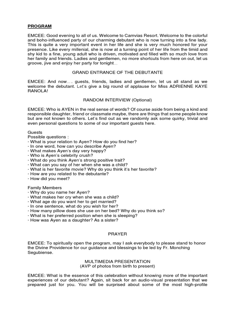 Debut/Birthday Party Script Template | PDF