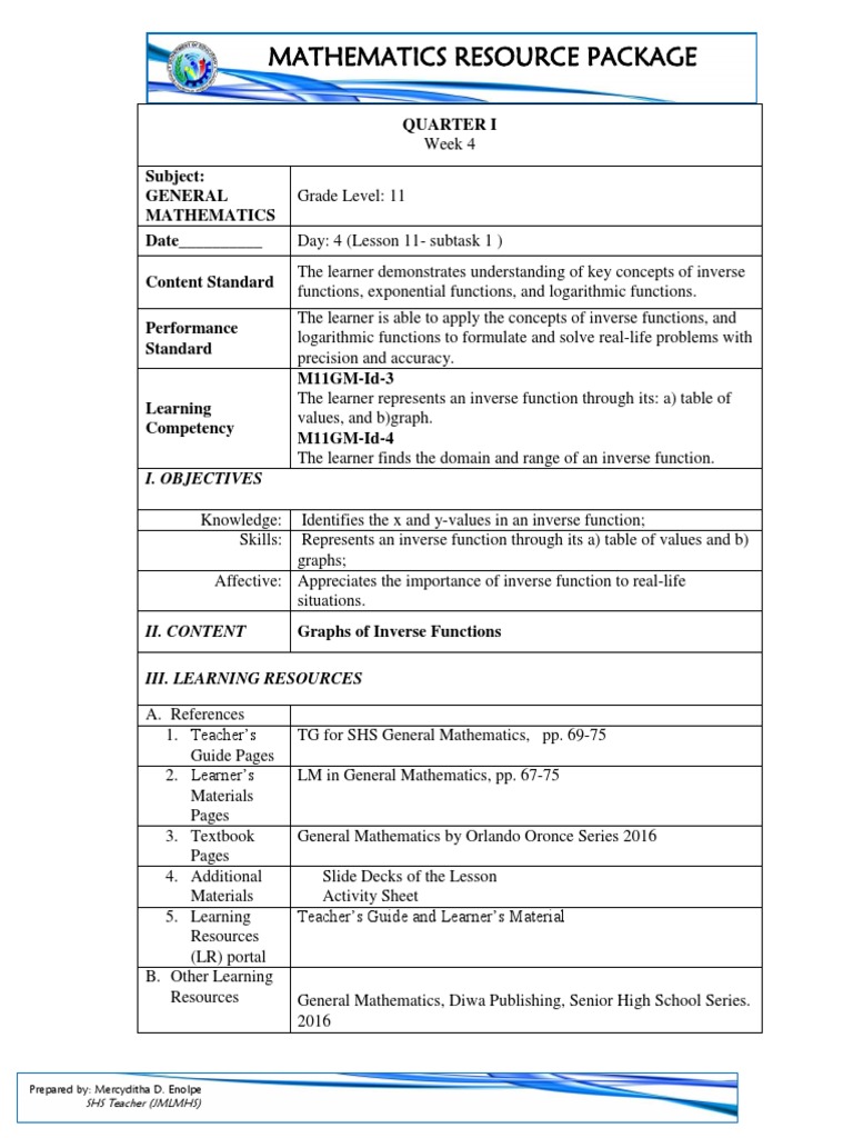 Inverse Functions Lesson Plan for Grade 11 | PDF