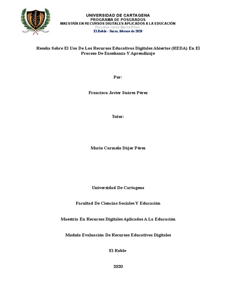 Reseña Sobre El Uso de Los REDA en El Proceso de Enseñanza y ...