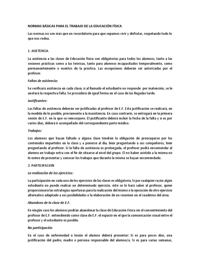 Normas Básicas para El Trabajo de La Educación Física | PDF