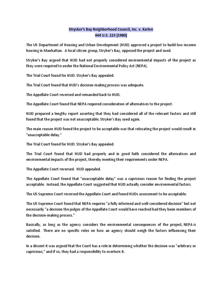 Strycker's Bay v. HUD: NEPA Case Summary | PDF | Law