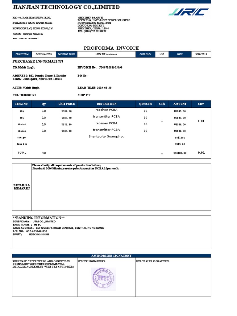 Proforma Invoice - 20190318 - Revised | PDF