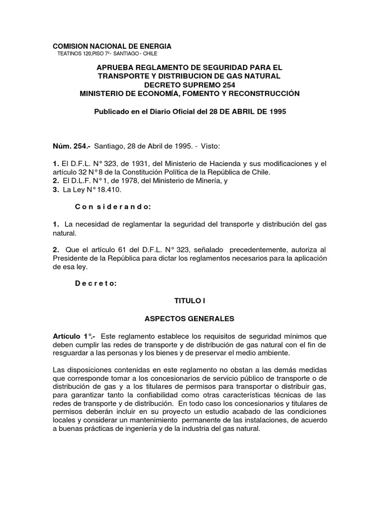 Reglamento de Seguridad Gas Natural DS 254 | PDF